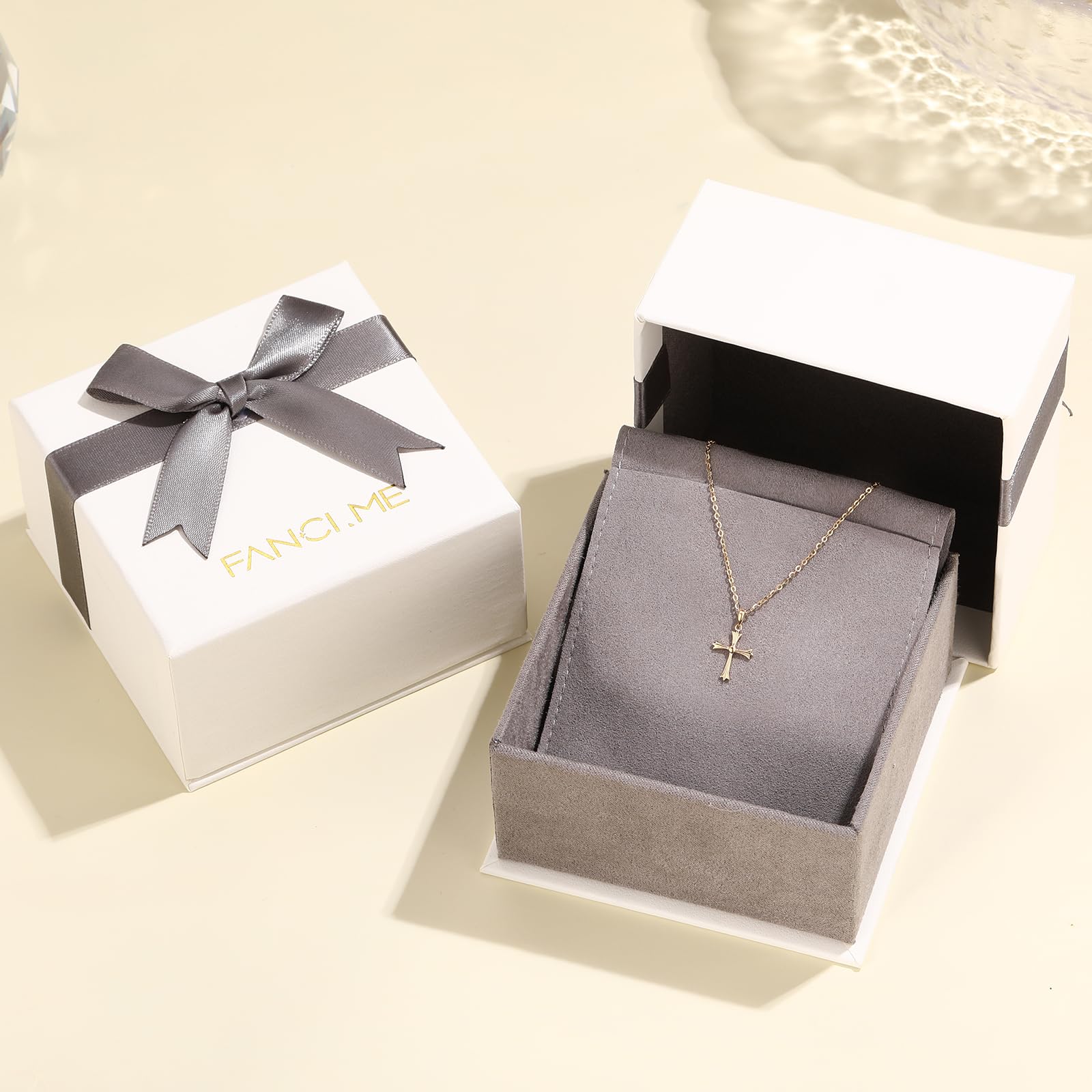 Carleen SOLID REAL 14K Yellow Gold SMALL TINY Little Cute Embossed Cross Necklace Delicate Dainty Crucifix Cross Pendant Fine Jewelry For Women, With 18" Solid Gold Cable Chain