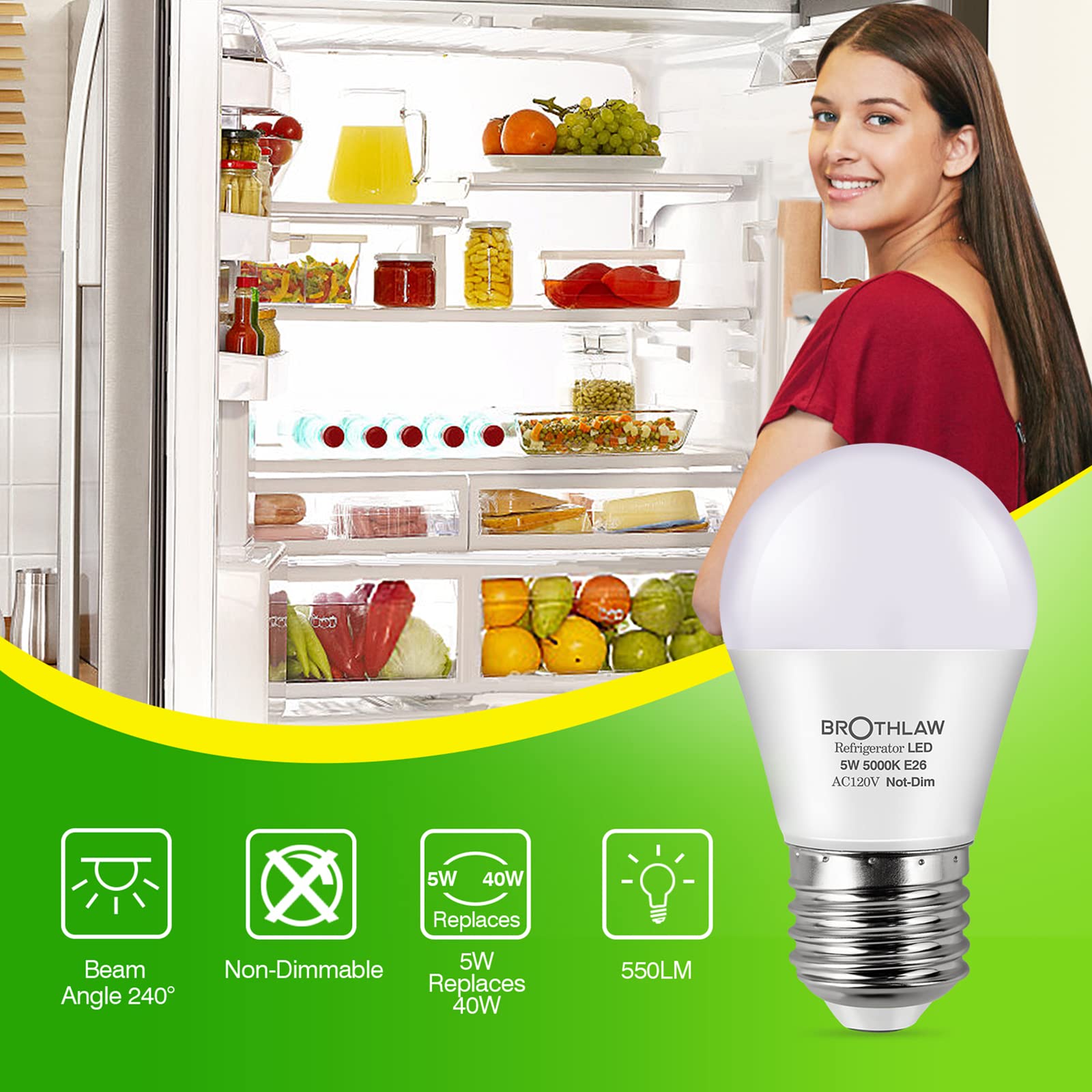 Brothlaw LED Refrigerator Light Bulb, 40 Watt Equivalent Waterproof Freezer Light Bulb, 120V E26 Daylight White 5W 5000K 550 Lumen, A15 Appliance Fridge Light Bulbs, 2 Pack