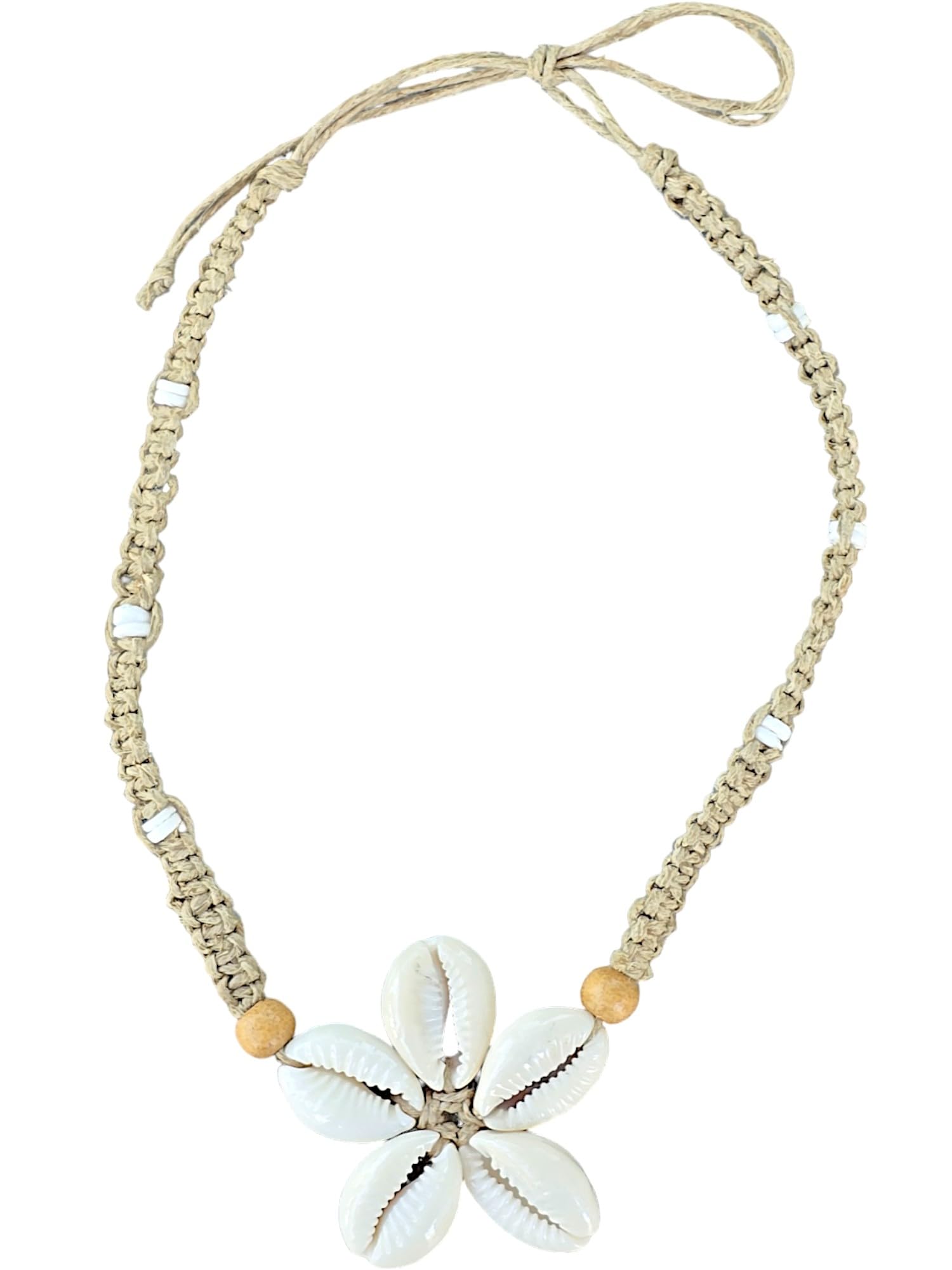 BlueRica Cowrie Shells Flower Pendant on Braided Hemp Cord Choker Necklace with Puka Shell Beads