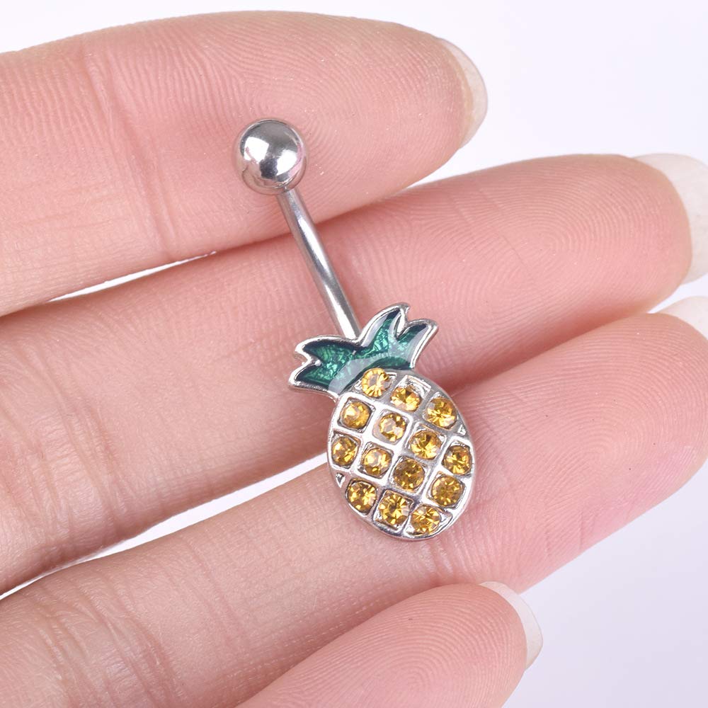 COLORFUL BLING 316L Stainless Steel Fruit Pineapple Navel Rings Crystal Belly Button Rings Body Piercings Jewelry-short