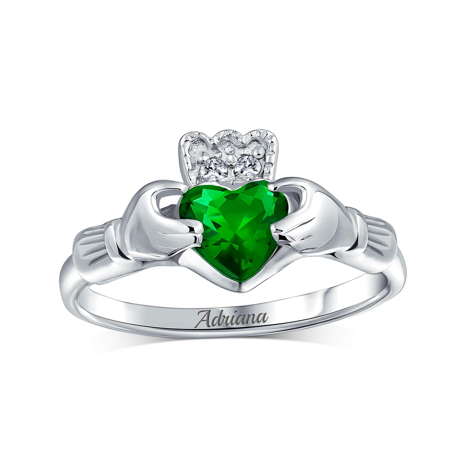 BFF Celtic Irish Friendship Promise AAA CZ Green Simulated Emerald Hands & Heart Claddagh Ring For Women Teens .925 Sterling Silver