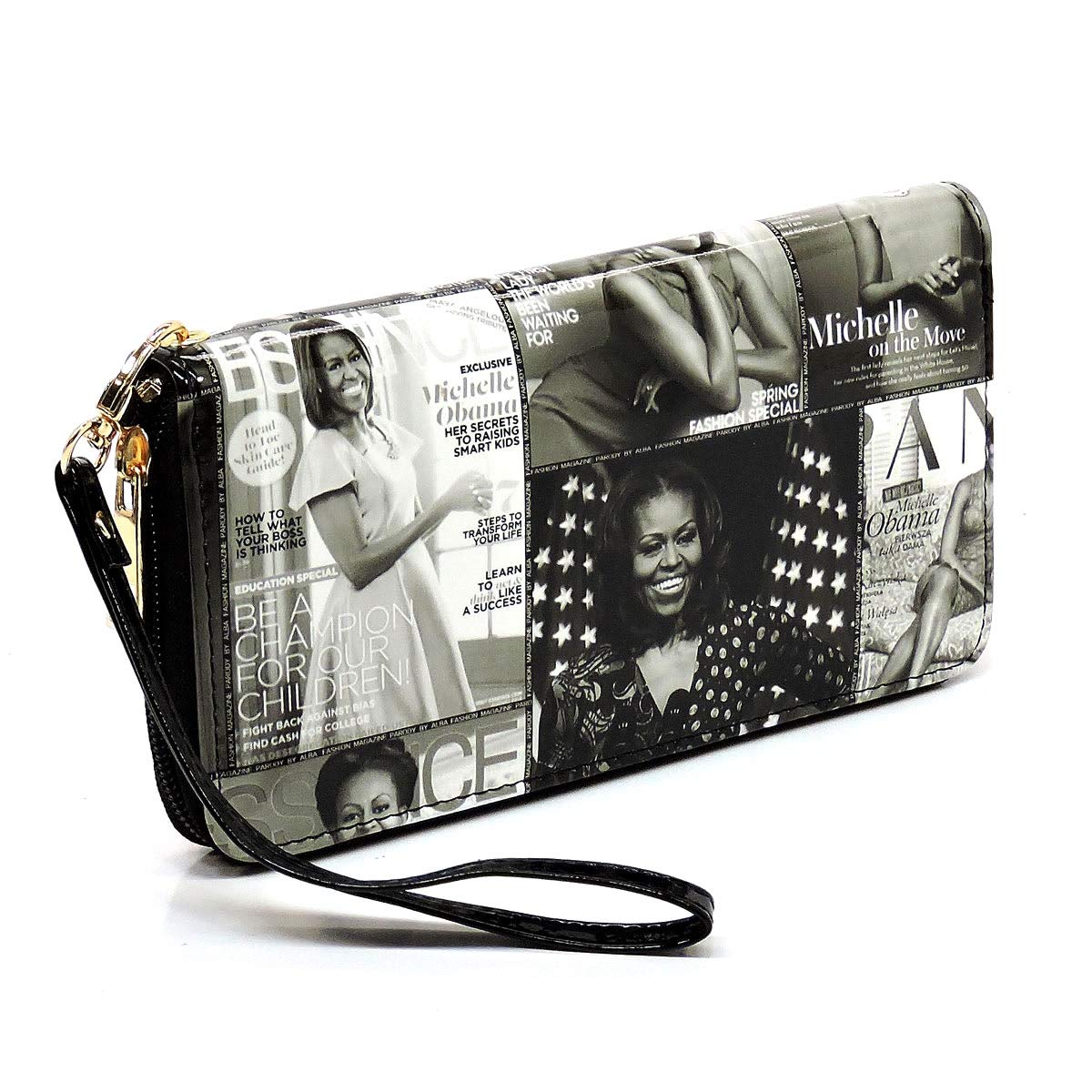 JUNZUP Glossy Magazine Cover Collage Michelle Obama Printed Satchel Bag + Envelope Clutch + Wallet 3pcs Set (Grey/Bk)