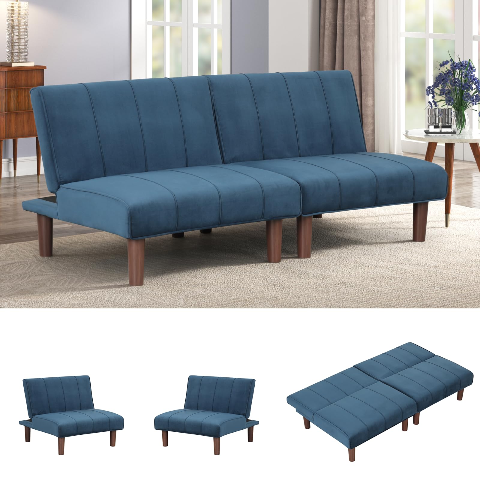 Furrich Futon Sofa Bed, 2 Pack Foldable Futon Couch with Adjustable Backrest, 3 in 1 Convertible Small Loveseat Sleeper Sofa for Living Room, Small Space, Apartment, Blue Fabric 305BL1-2PCS
