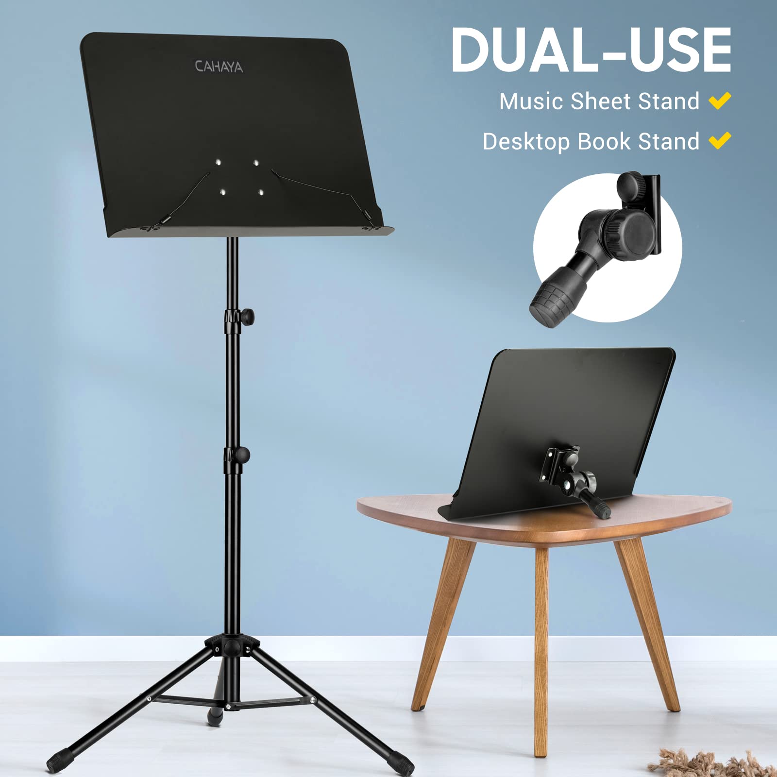 CAHAYA 6 IN 1 Sheet Music Stand with Stand Light Desktop Book Stand with Carrying Bag, Sheet Music Folder & Clip Metal Portable Solid Back for Guitar, Ukulele, Violin Players