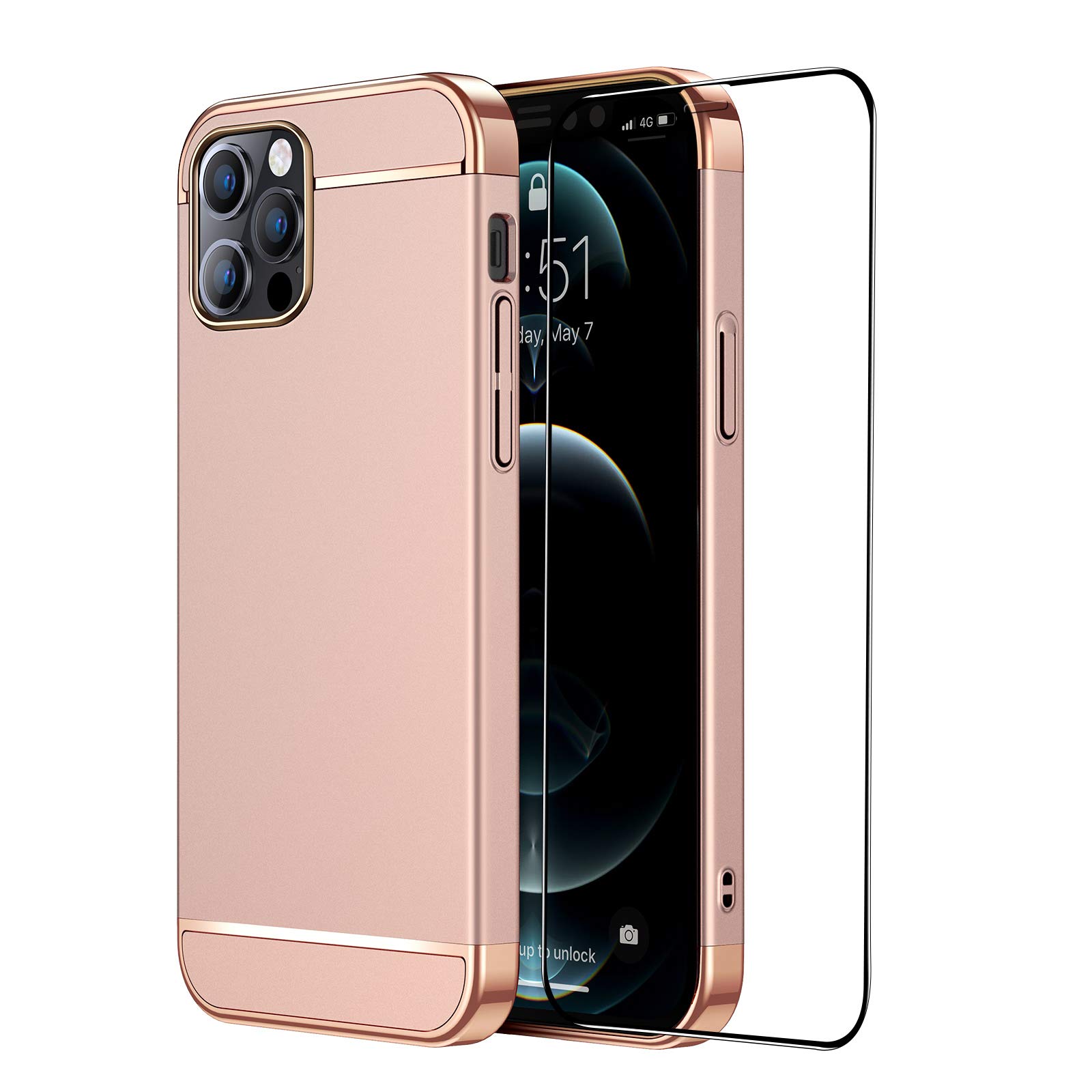 CROSYMX Slim Fit Compatible with iPhone 12 Pro Max Case with [1 x Screen Protector], Ultra Thin Hard Plastic Protective Cover Shockproof Drop Protection 5G Case(6.7 inch) 2020 - Rose Gold