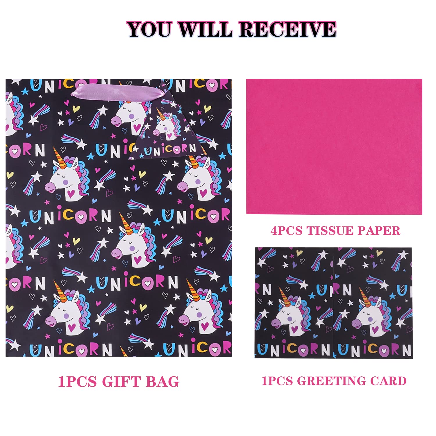 JWSCYSY 12.6" Large Gift Bag with Card and Tissue Paper - Black Pink Unicorn Gift Bag for Girls Birthday.