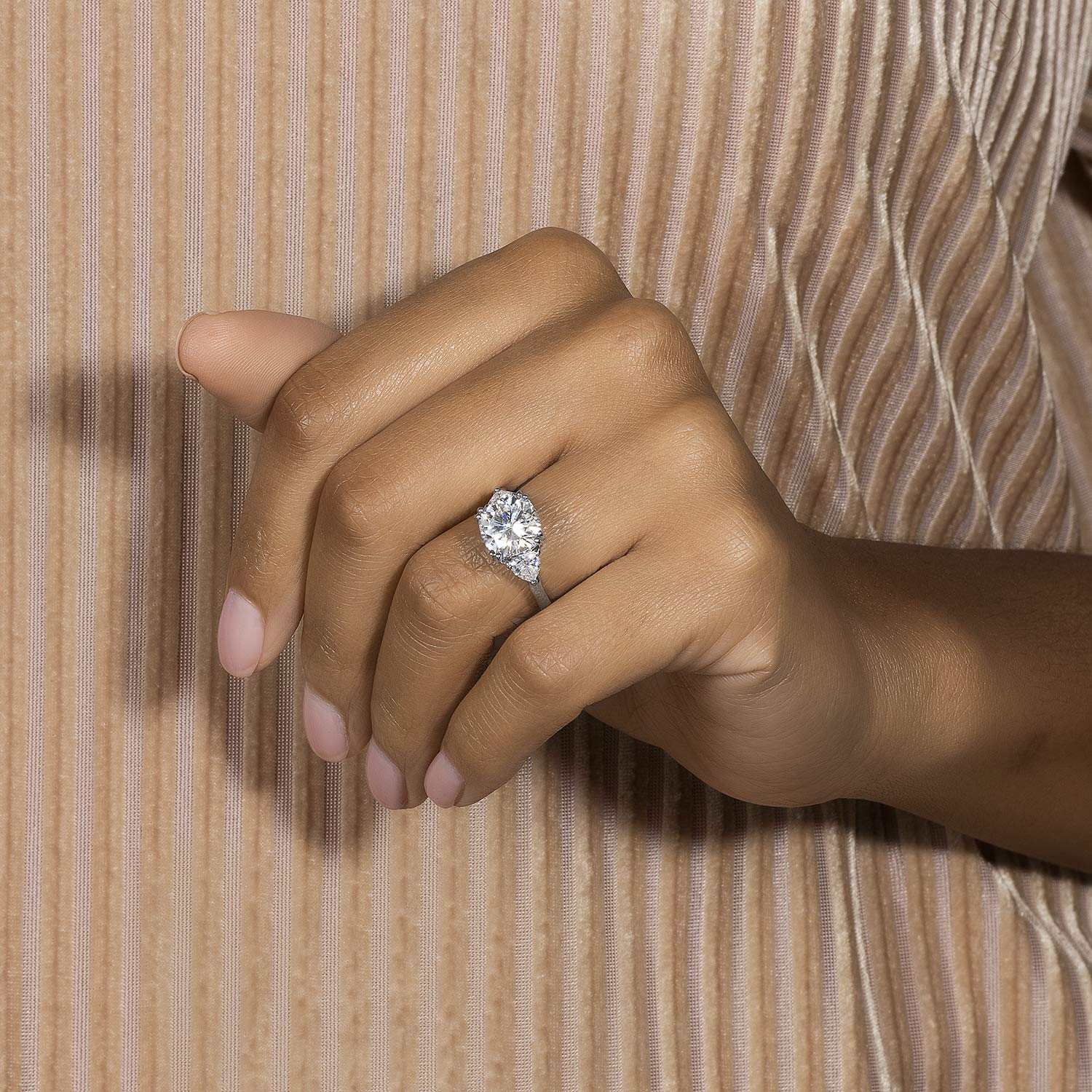 Charles & Colvard Created Moissanite 9.5mm Cushion Cut Three Stone Engagement Ring for Women | 5 cttw DEW | Lab Grown | Solid 14K White Gold with Rhodium | Size 7