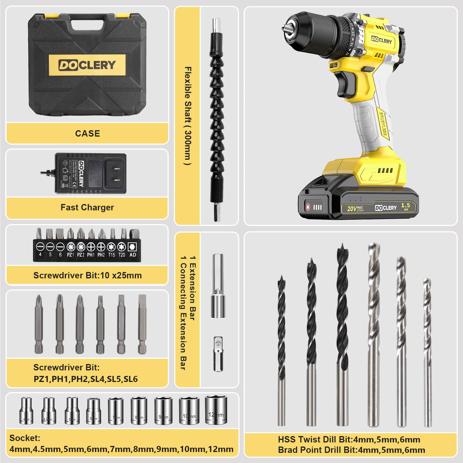 DOCLERY 20V Cordless Drill, Electric Power Drill Set with 1 Battery & Charger, 2 Variable Speed, 266 In-lbs Torque, 25+1 Position and 34pcs Drill/Driver Bits