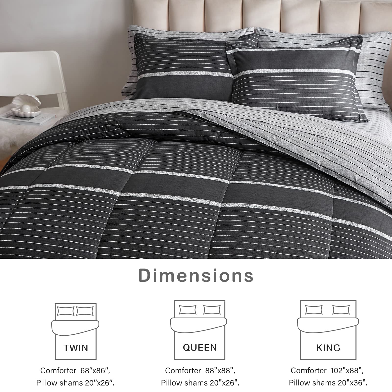 Flysheep 3 Pcs Boho Striped Comforter Set Twin Size for Kids, White Striped on Black Dark Grey Soft Microfiber Reversible Bedding Set for All Season