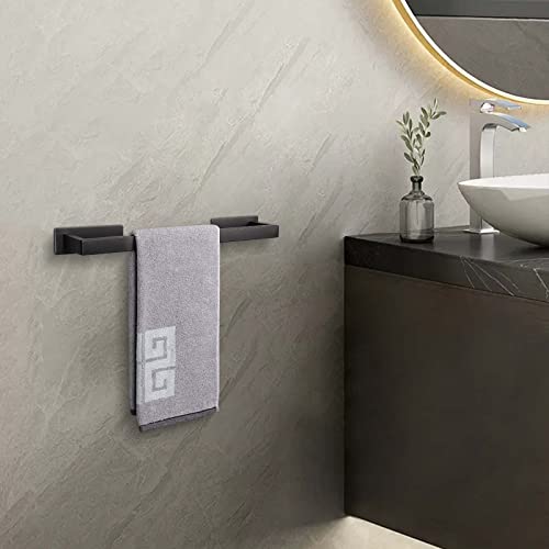NearMoon Self Adhesive Bathroom Towel Bar-Stainless Steel Square Bath Wall Shelf Rack Hanging Towel Stick On Sticky Hanger Contemporary Style, NO Drilling (Matte Black, 9-Inch Towel Rack)