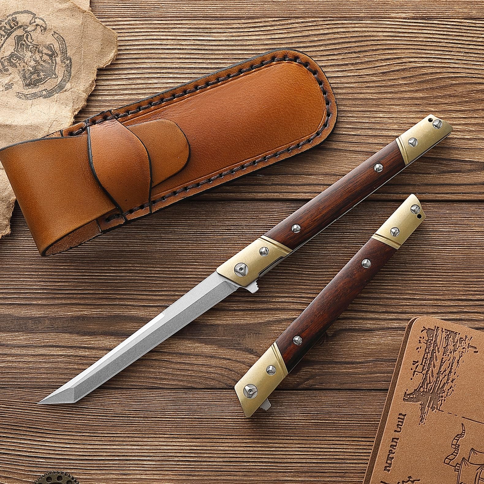 EDC lightweight Folding Pocket Knife,M390 steel gentleman's knife,3.9”Stone washing effect blades,With handmade quality knife sheath,Desert Ironwood Handle,Camping Outdoor Daily Carry folding knife