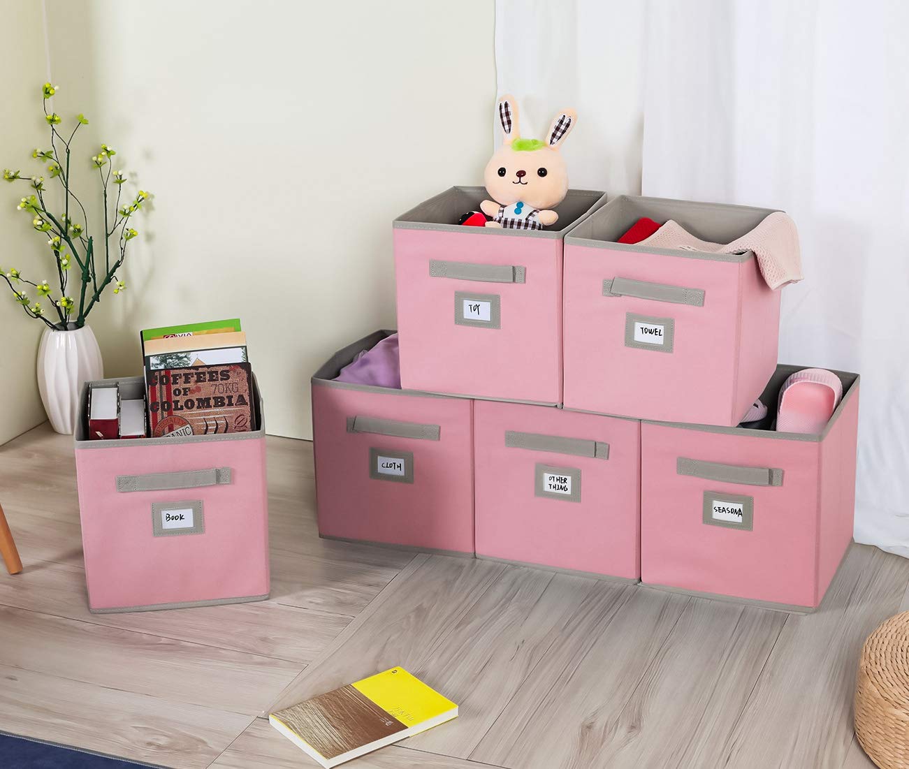 PDTXCLS Yowego EPG-Life 6 Pack Foldable Storage Cubes with Label Holder and Fabric Handle, Pink