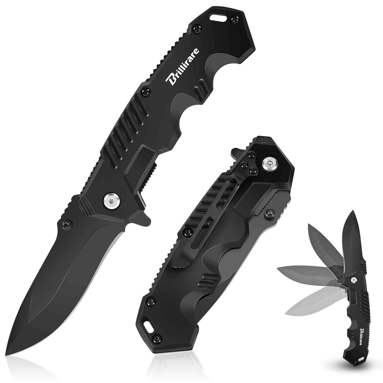 BRILLIRARE Pocket Knife, Folding Tactical Knives Blade 2.6in, Foldable Survival Small Knife with Clip, Button Lock & Glass Breaker, Everyday Carry EDC Knife for Hunting Camping Hiking
