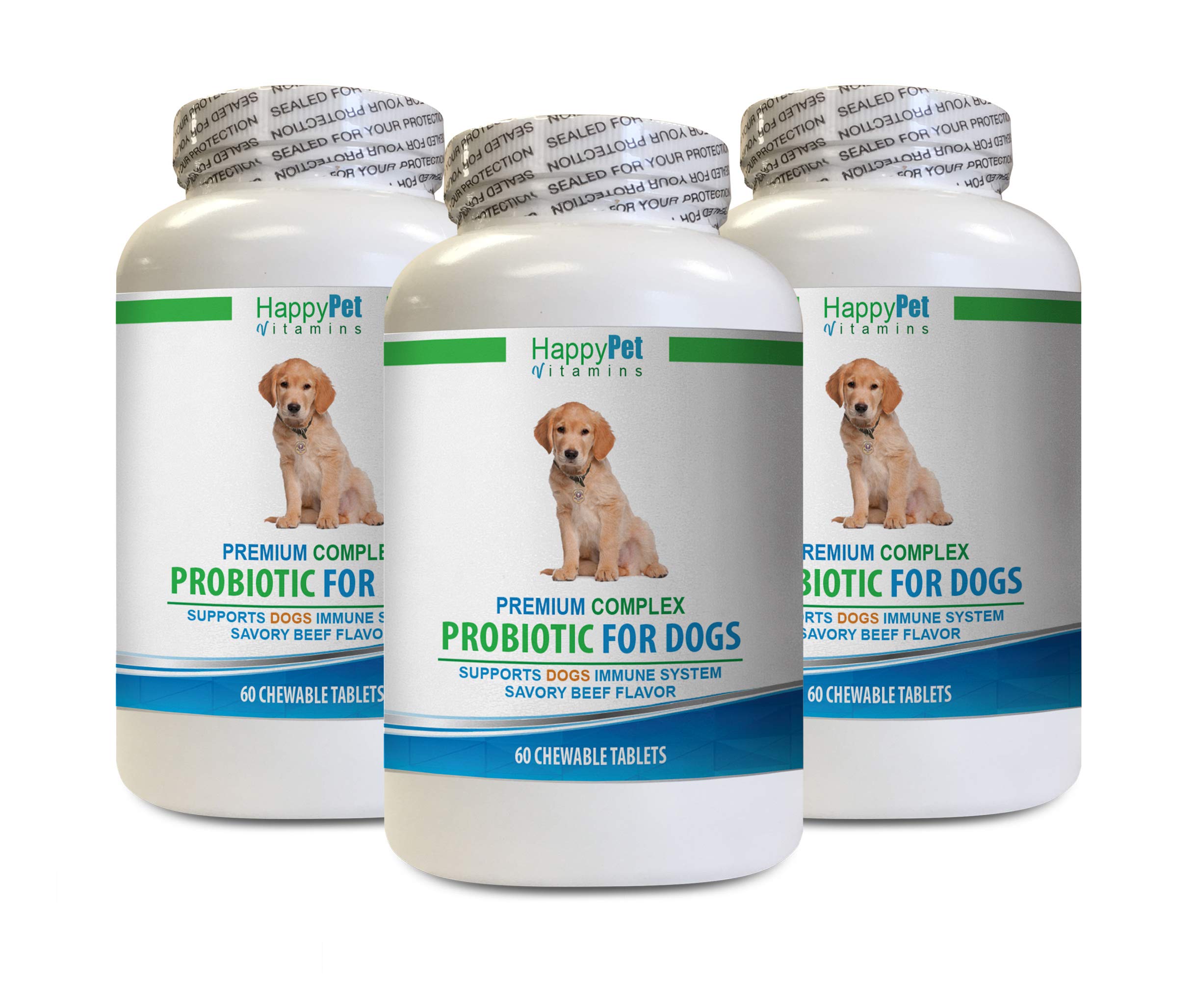 HAPPY PET VITAMINS LLC Dog Digestive Tablets - Dog Premium PROBIOTICS - Savory Beef Flavor - Stops Diarrhea Bad Gas Bad Breath - Gut Health - Dog probiotic Supplement - 3 Bottles (180 Treats)