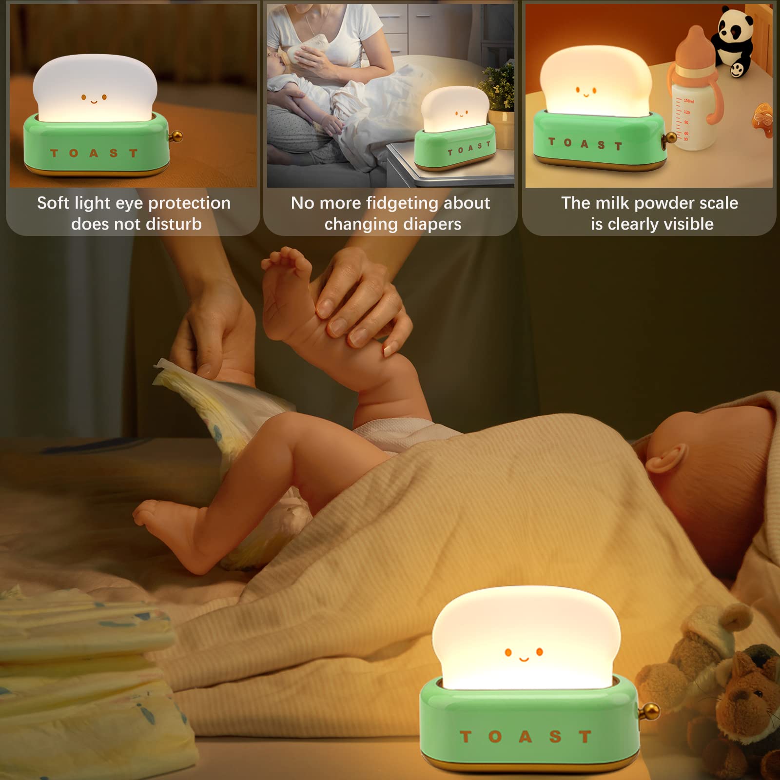 Decor Toaster Night Light Lamp Rechargeable Small Lamps with Smile Face Cute Toast Bread Shape Decor Night Lights for Kids Baby Nursery Green