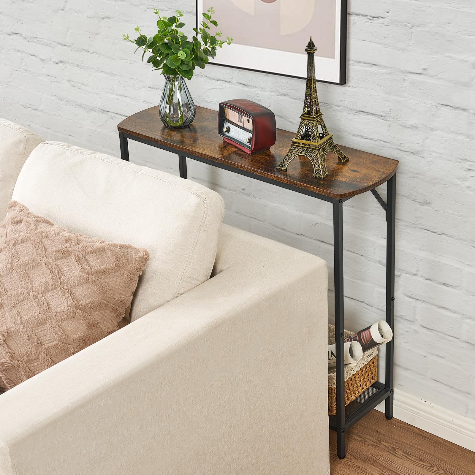 HOMCENES Console Table, Narrow 2-Tier Entryway Table with Storage Shelf, 29.5" Thin Sofa Table, Side Table, Industrial Couch Table, for Hallway, Living Room, Bedroom, Rustic Brown UFG02XG01