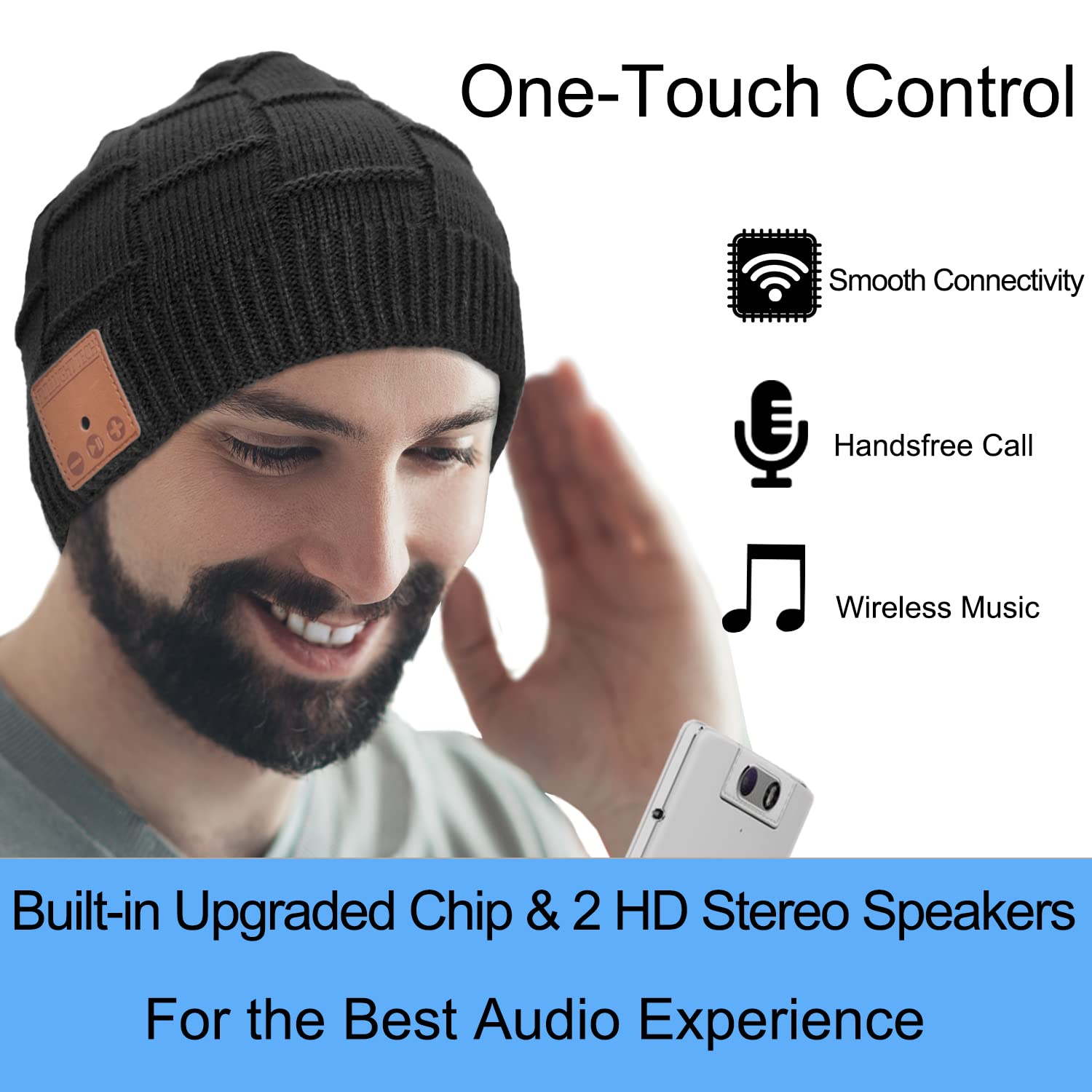 Bluetooth Beanie Hat Headphones Unique Tech Gifts Stocking Stuffer Black