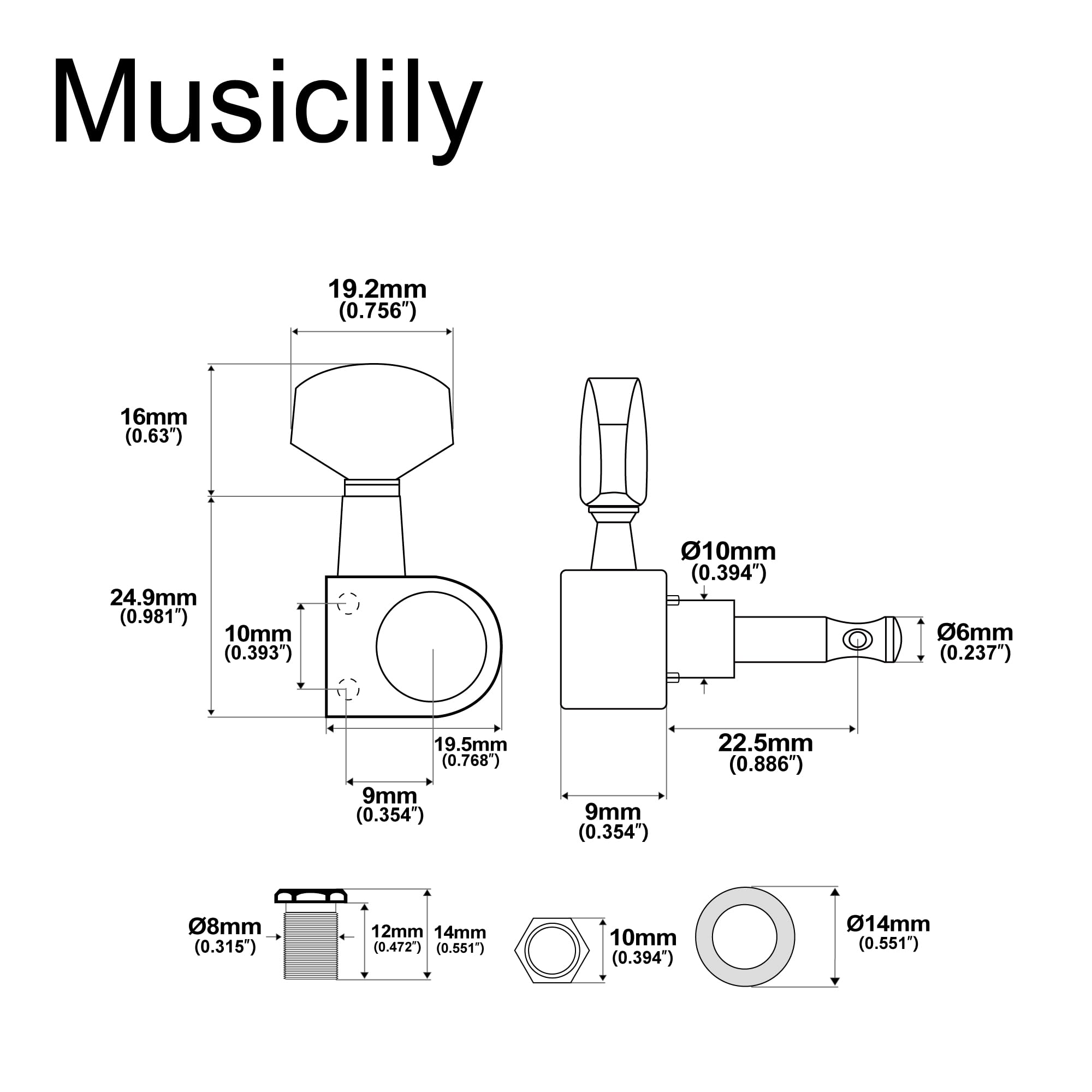 Musiclily Pro 6-in-line 15:1 Ratio 2-Pin Full Sealed Machine Heads Tuners Tuning Pegs Keys with Hex Button for SQ Strat Tele Style Electric Guitar, Black