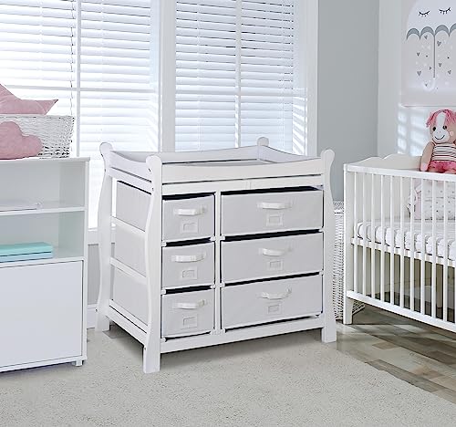 Sleigh Style Baby Changing Table with 6 Storage Baskets and Pad