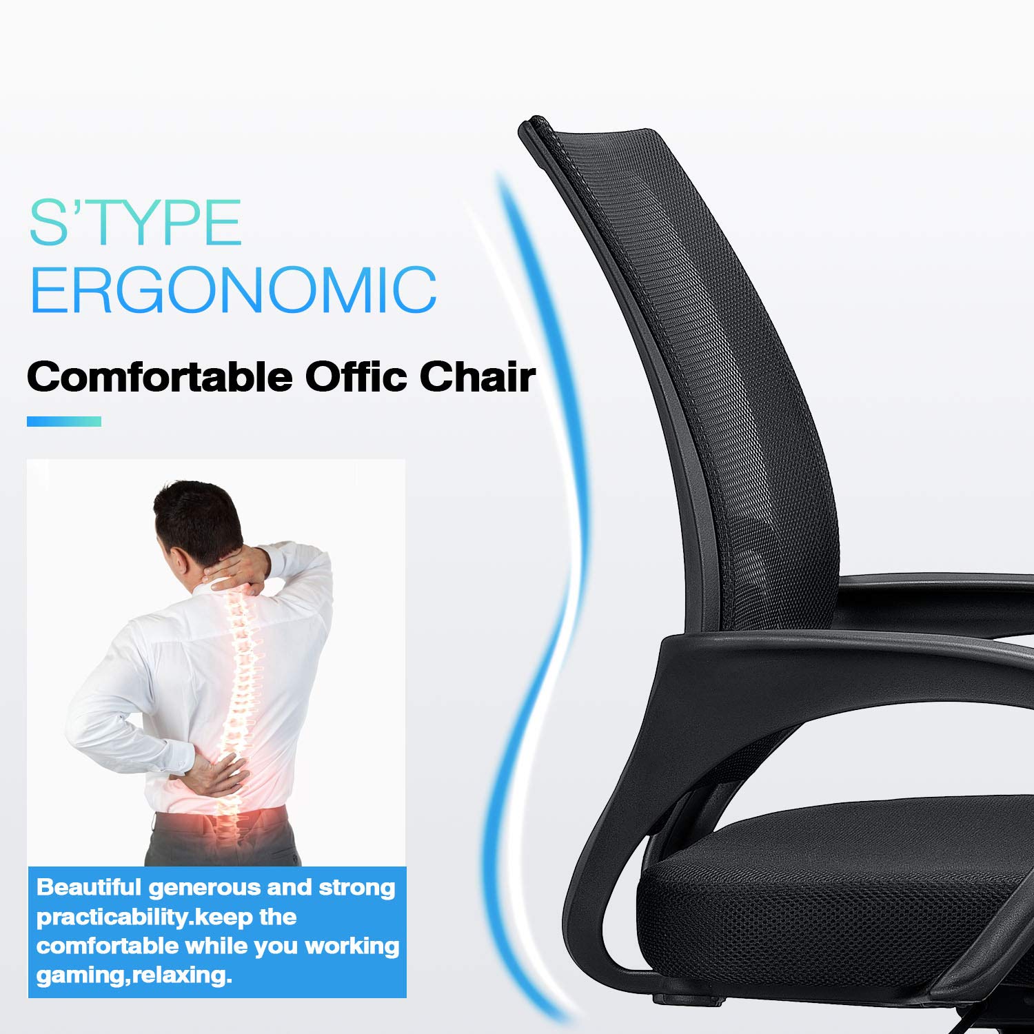 BOSSIN Office Chair Mesh Desk Chair Ergonomic Computer Chair with Lumbar Support Modern Executive Adjustable Chair Rolling Swivel Chairs for Women Men,Black (Black)