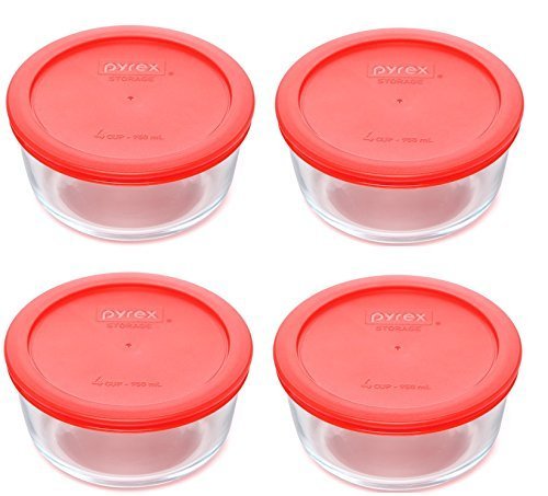 Pyrex (4) 7201 4-Cup Glass Bowls & (4) 7201-PC Red Plastic Lid Covers Made in the USA