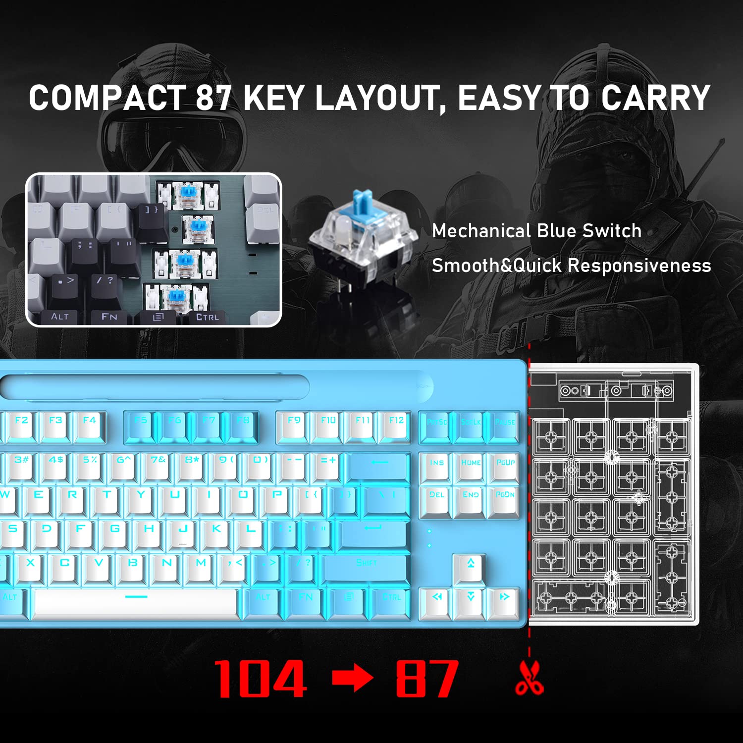 Bluetooth Mechanical Gaming Keyboard with LED Backlit 87 Anti-Ghosting Key Ergonomic Metal Plate Wired/Wireless 2.4Ghz USB Receiver Rechargeable 3300mAh Battery for PC Mac Gamer (Red Mix/Blue Switch)