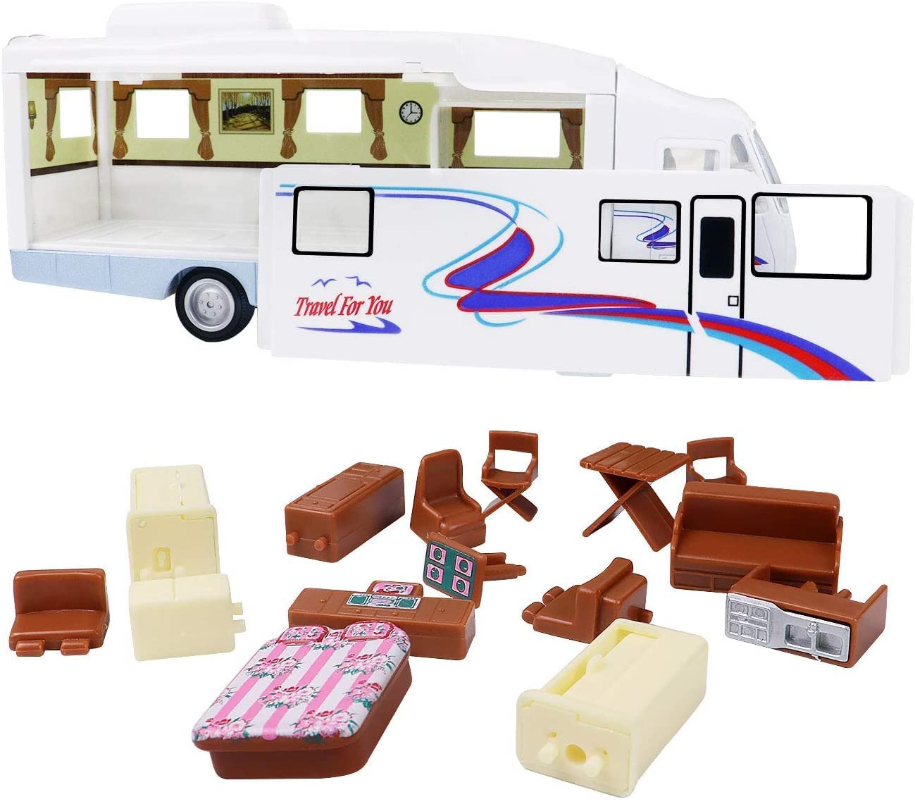HAPTIME Cool Mini Motorhome Toy Die-cast Car Pullback Recreational Vehicle Pull Back RV with DIY Furnitures Holiday Camper Van Model for Kids Children Gift 7.6 inch (White)