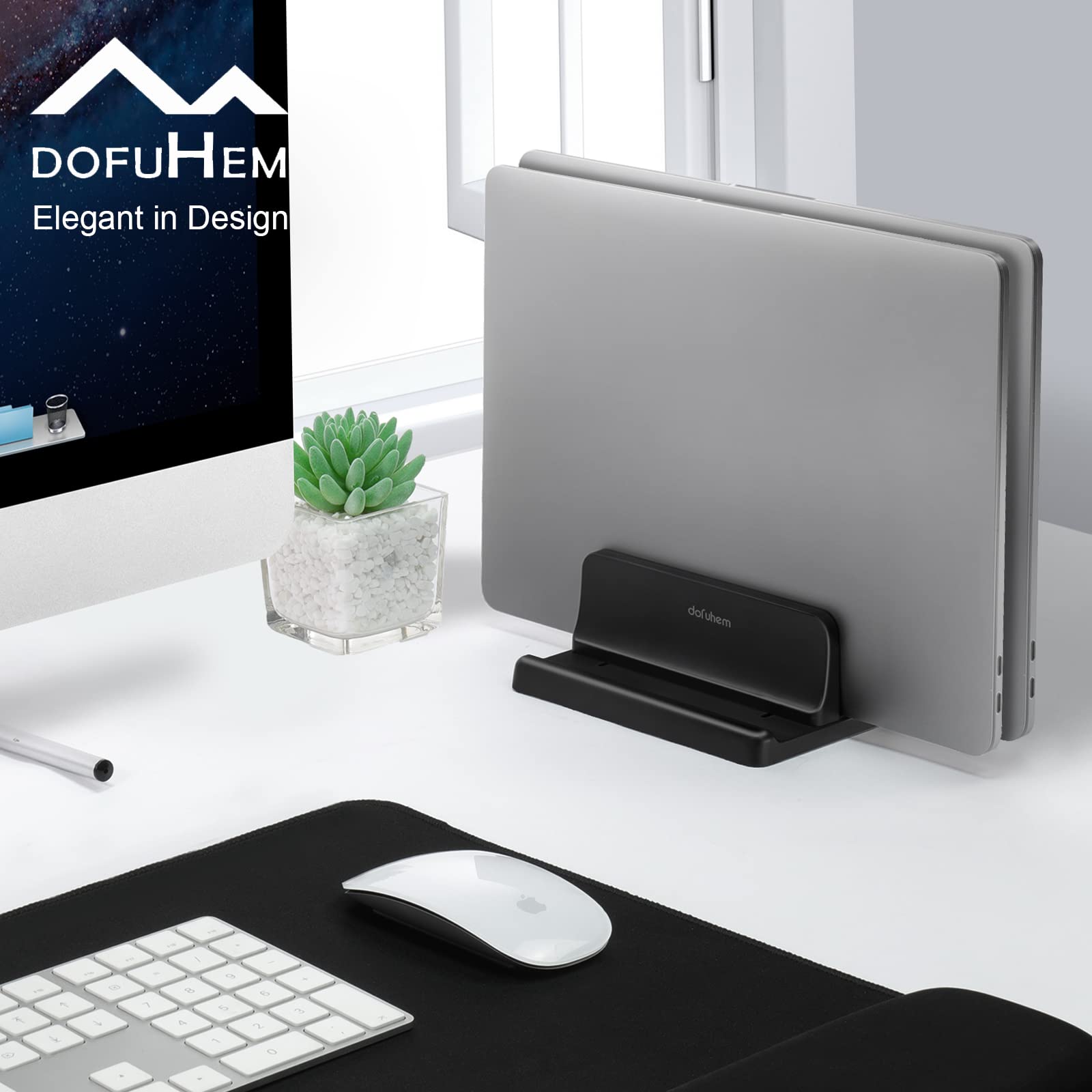 Dofuhem Dual-Slot Vertical Laptop Stand Holder Adjustable ABS Plastic Double Desktop Notebook Dock,Space-Saving for All MacBook/Surface/Samsung/HP/Dell/Chrome Book,Black
