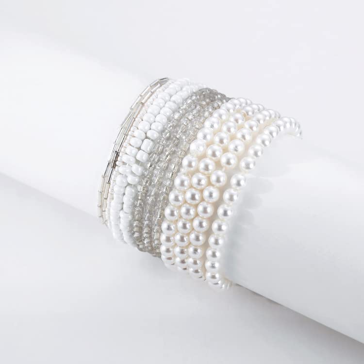 COLORFUL BLING Women Multilayer Temperament Imitated Pearl Stackable Strand Bracelets Beaded Seed Heart Rhinestone Crystal Stretch Bracelet Wedding Wrist Jewelry-multi white