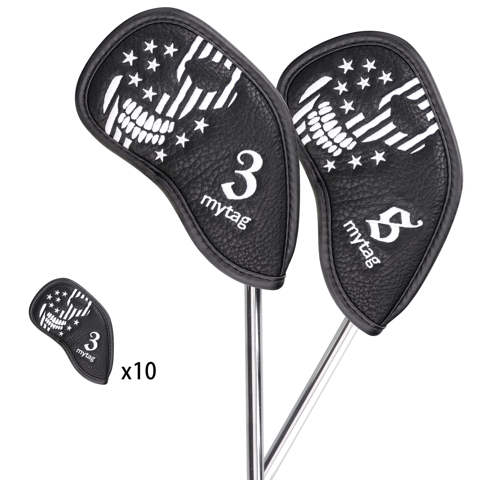 caiobob Mytag Golf Iron Head Cover Wedge Headcover Set Black Synthetic Leather Skull Skeleton Irons Protector (10pcs Iron Set(3,4,5,6,7,8,9,P,A,S))