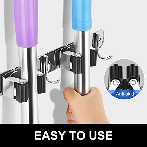 IMILLET Broom and Mop Holder Wall Mounted, Stainless Steel Broom Holder Mop Holder Self Adhesive Heavy Duty Hooks Storage Organizer for Home Laundry Room Garden Garage(3 Racks with 4 Hooks)