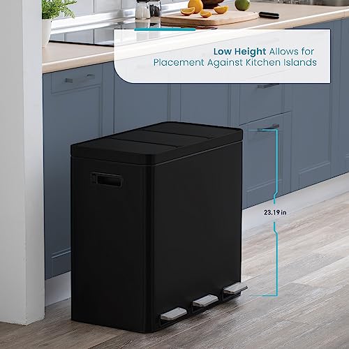 Home Zone Living 15.9 Gallon Kitchen Trash Can, Three Removable Liners for Recycling and Trash, Wide Stainless Steel Shape, Black (5.3 + 5.3 + 5.3 for 15.9 Gallon Total)