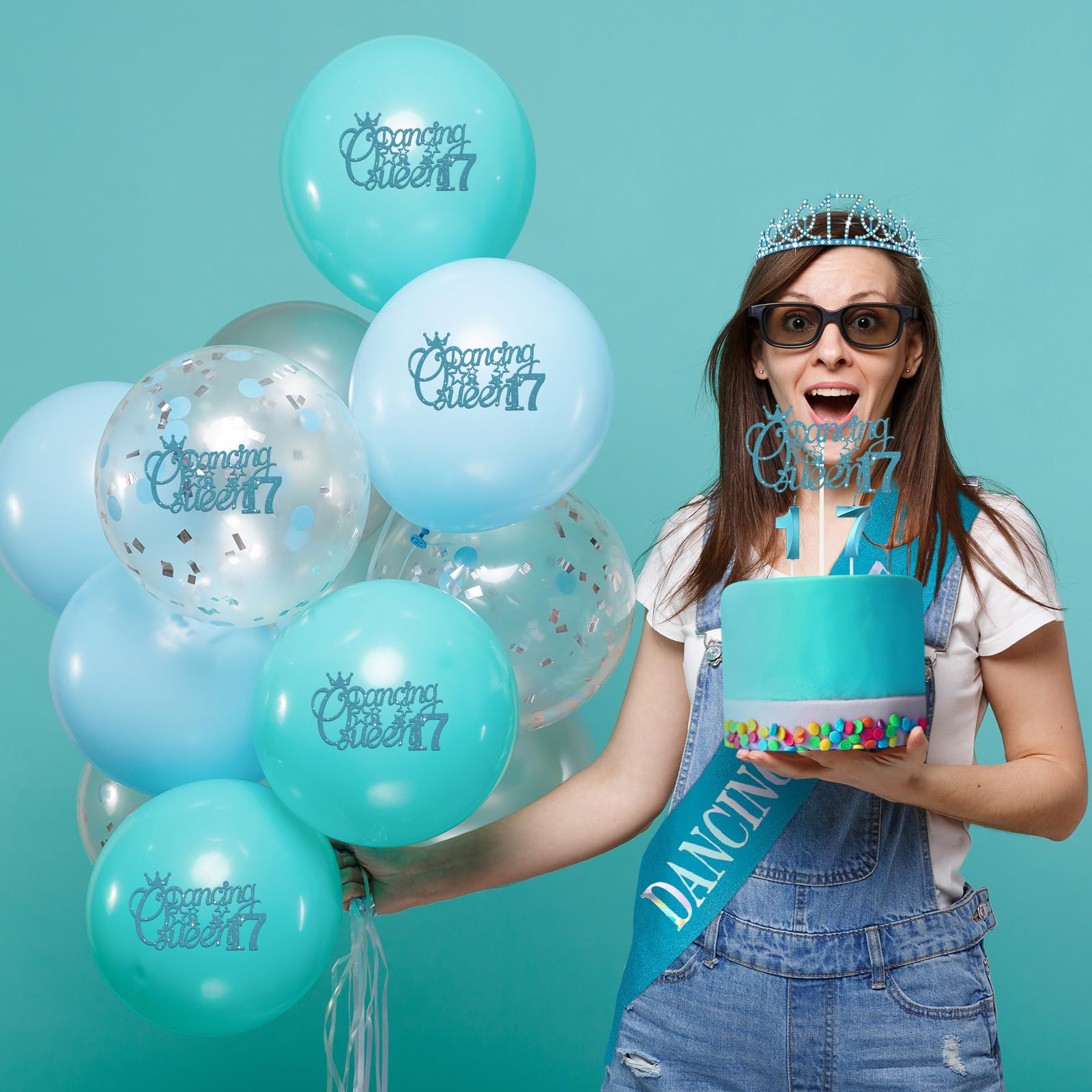 Crowye 17th Dancing Queen Gifts Dancing Queen 17 Cake Topper 17th Tiara Crown Sash Candles 17 Birthday Decorations for Party Accessories(Blue)