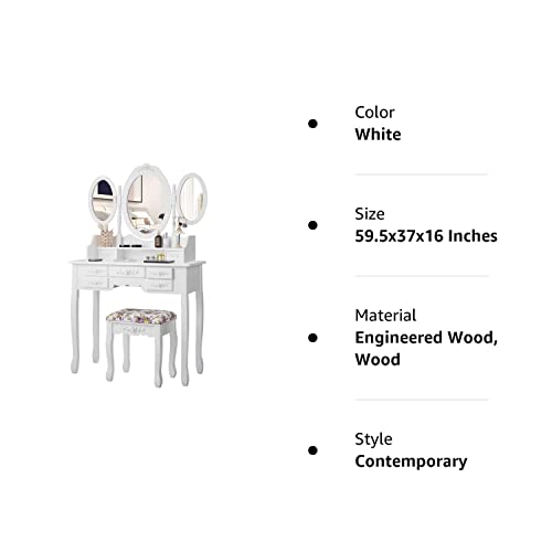 CHARMAID Vanity Set with Tri-Folding Mirror and Cushioned Stool, Dressing Table with 7 Drawers and a Shelf, Antique Makeup Table with Removable Top, Vintage Makeup Vanity Set for Women Girls (White)