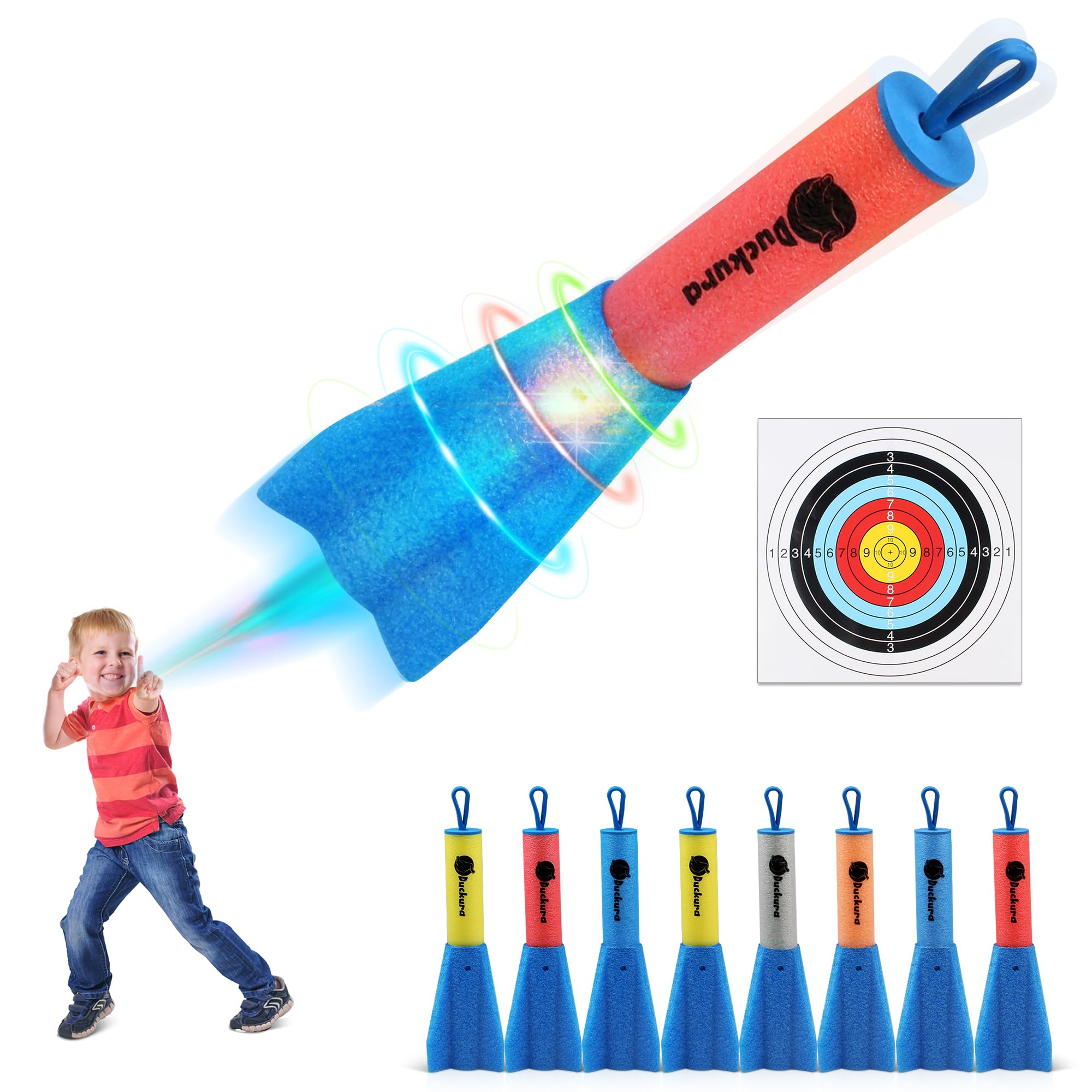 Slingshot Finger Rockets, 8 Pack LED Foam Rocket Launchers and 15.8" x 15.8" Foldable Target, Outdoor Indoor Camping Game Activities, Easter Basket Stuffers Gifts Party Favor Toys for Kids Age 5 6 7