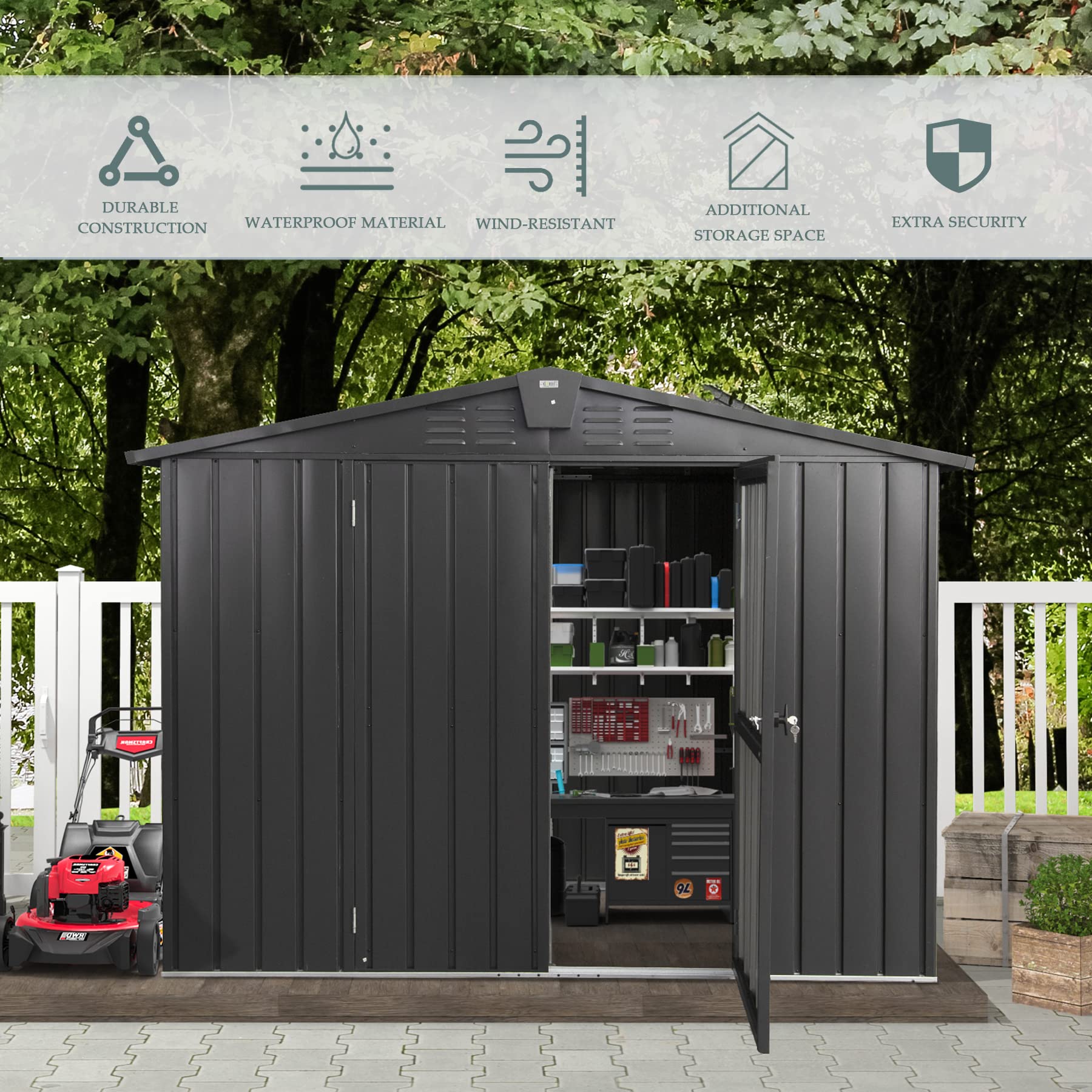 Domi Backyard Storage Shed 8.2β x 6.2β with Galvanized Steel Frame,Outdoor Garden Shed Metal Utility Tool Storage Room with Latches and Lockable Door for Balcony Lawn Poolside (Dark Gray)
