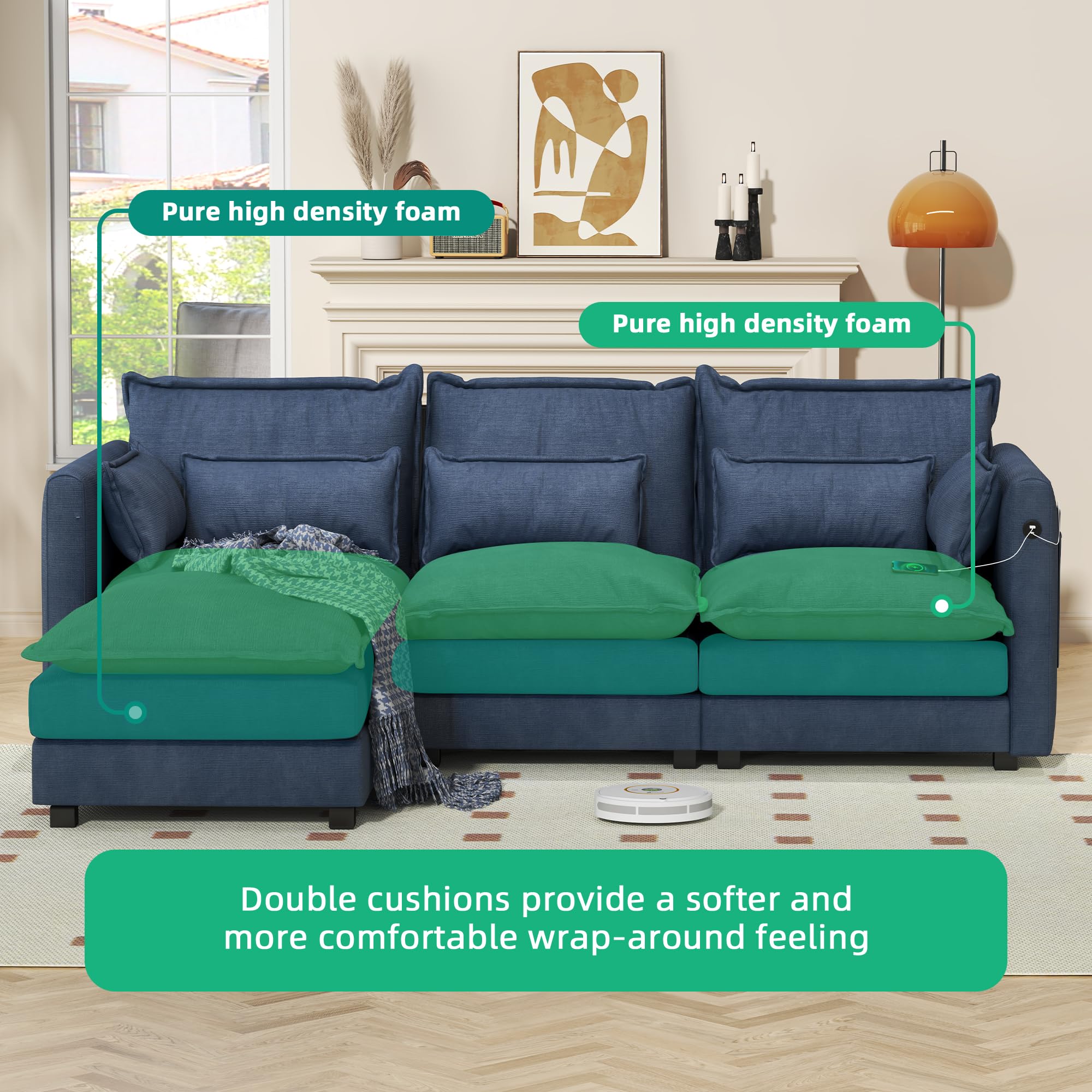 EDWELL Modular Sectional Sofa, Convertible L Shaped Couches Set with USB & Type-C Ports, Modern 3-Seater Comfy Cloud Couch with Moveable Ottoman for Living Room, DIY Combination, Blue