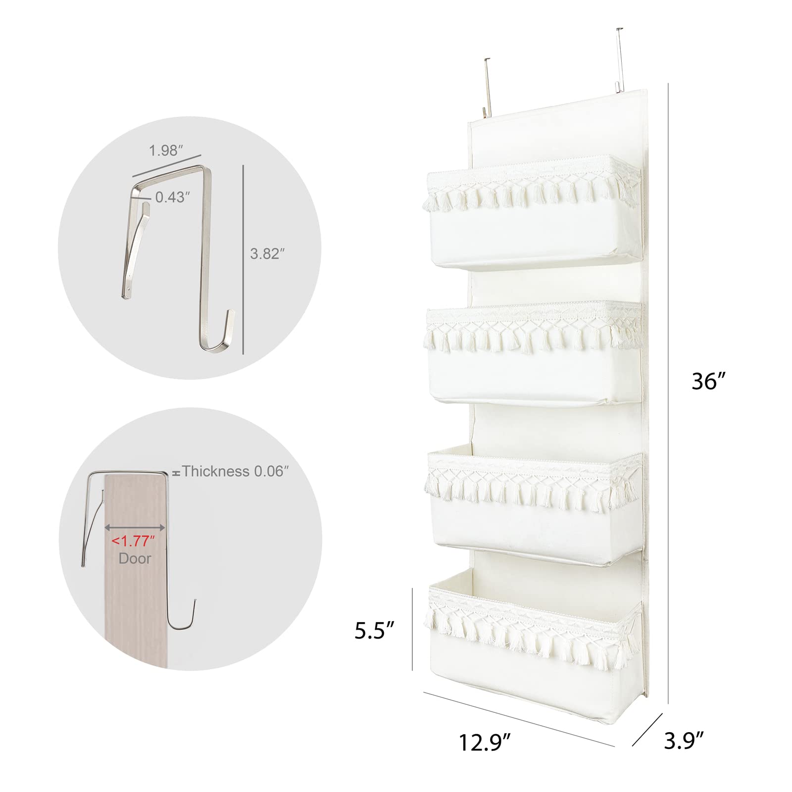 Dahey Over The Door Organizer with 4 Pockets and Macrame Hanging Laundry Hamper Bag Boho Door Storage for Pantry, Closet, Nursery, Bathroom, Bedroom, Dorm, White