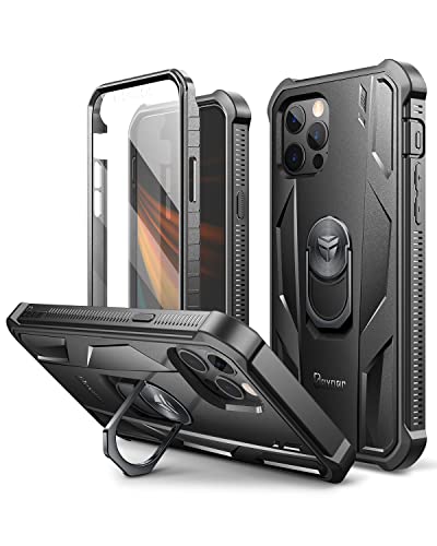 Dexnor Rugged Full Body Case for iPhone 12/12 Pro (6.1 inches) with Screen Protector & Ring Kickstand Car Mount, Slim Shockproof Protective Bumper Cover with Anti Dust Plugs (Black)