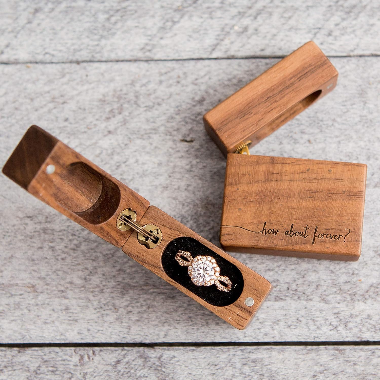 MUUJEE How About Forever - Engraved Wooden Proposal Ring Box, Ring Bearer Box for Wedding Ceremony, Engagement Photo Decor Idea