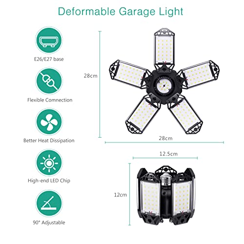 ORIA LED Garage Lights, LED Garage Ceiling Light, 120W Ultra Bright LED Shop Light with 5 Adjustable Panels,10000LM 6000K E26/27 Garage Light for Garages, Warehouses, Workshops, Basements, 2 Pack