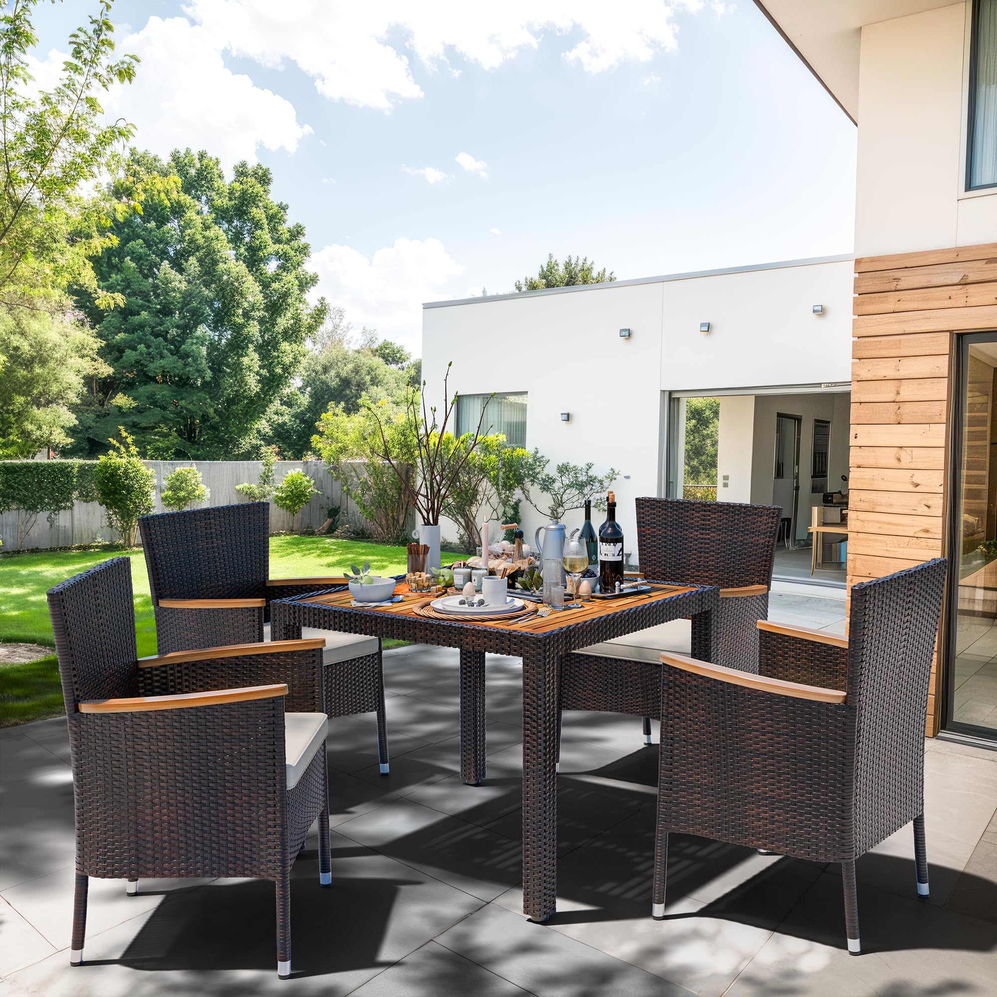 Shintenchi 5 Piece Patio Dining Set, Wicker Patio Conversation Set with Wood Table Top, Outdoor Table and Chairs with Soft Cushions for Backyard, Deck and Garden, Brown Rattan