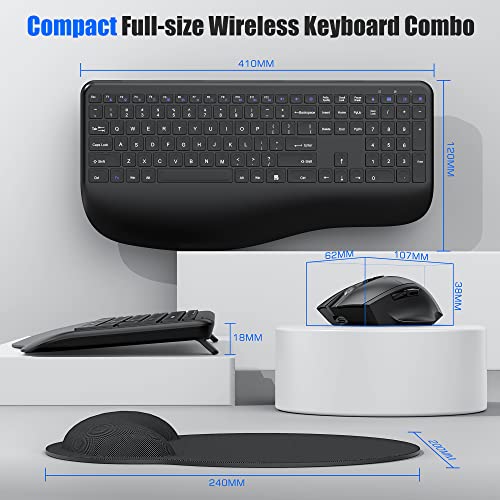 Ergonomic Wireless Keyboard and Mouse, 2.4G Rechargeable Full Size Keyboard Mouse Set with Wrist Support Mouse Pad , Multi-Device, Windows/Mac/Android(Black)