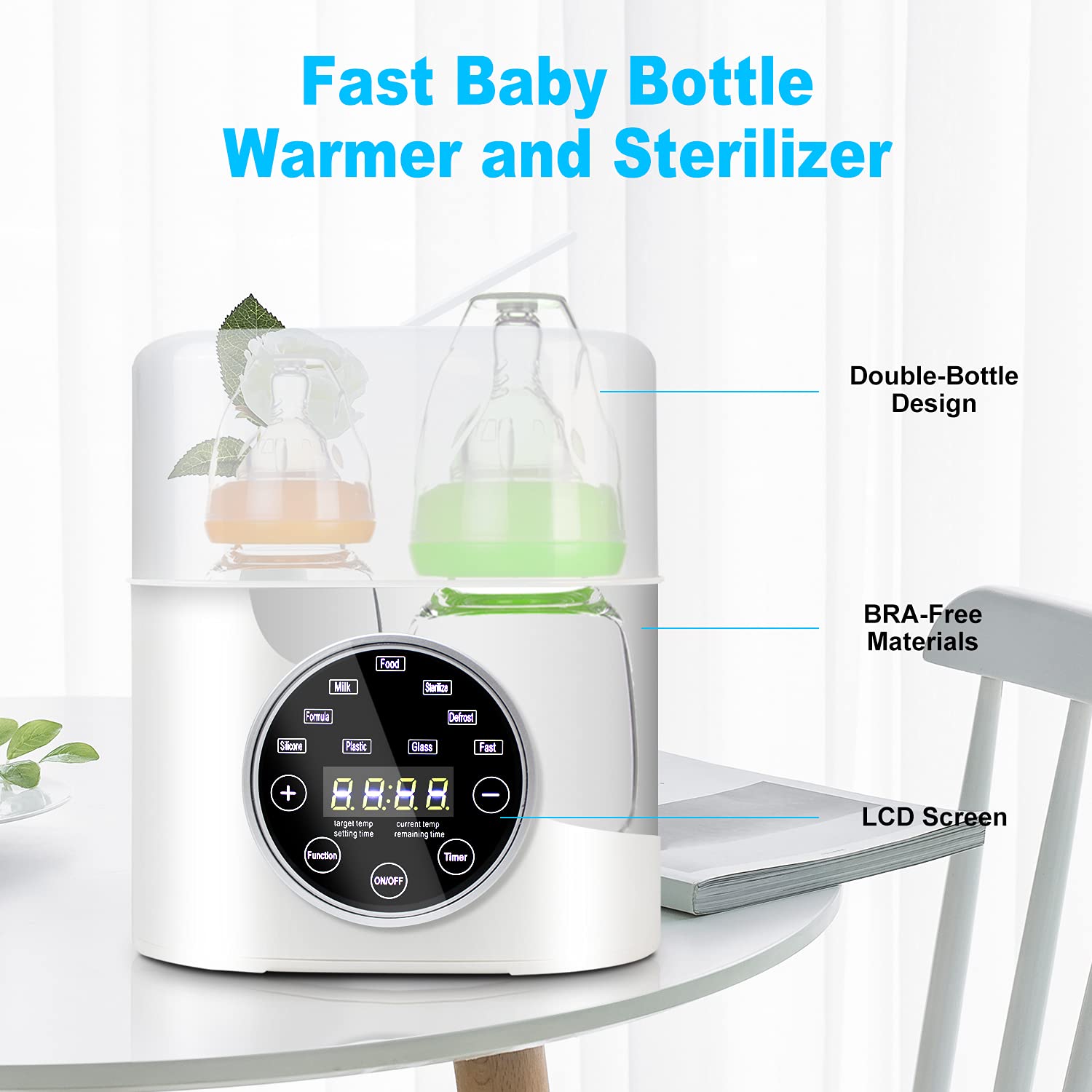Bottle Warmer, CREPOW Fast Baby Bottle Warmer and Bottle 6-in-1 Fast Food Heater Defrost Warmer for Baby Milk Breastmilk Formula with LED Display Thermostat Timer Function