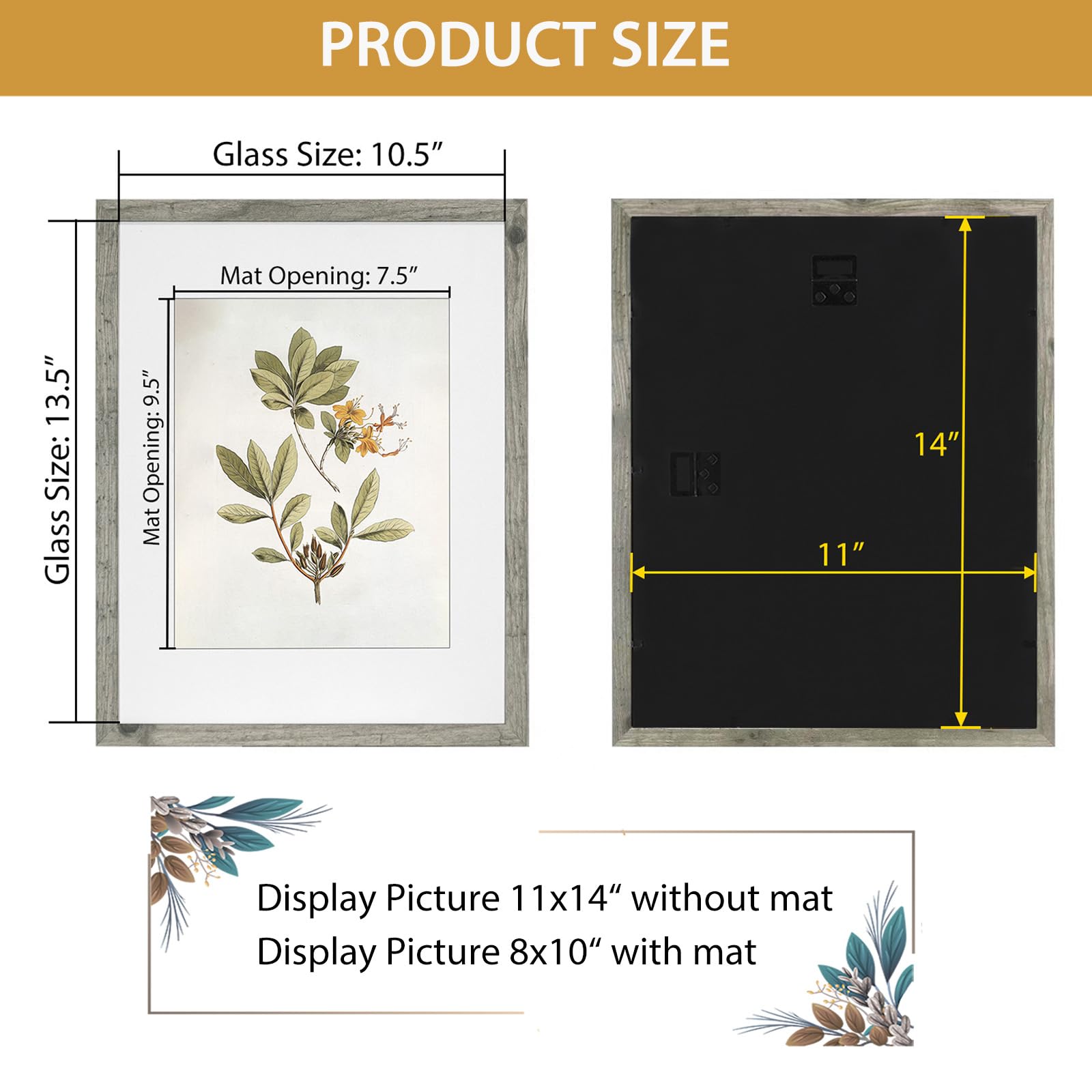 Califortree Gray 11x14 Picture Frame - Can Display Photo 8x10 with Mat, Engineered Wood Frame with Shatterproof Plexiglass, Horizontal and Vertical Display for Wall, Set of 2