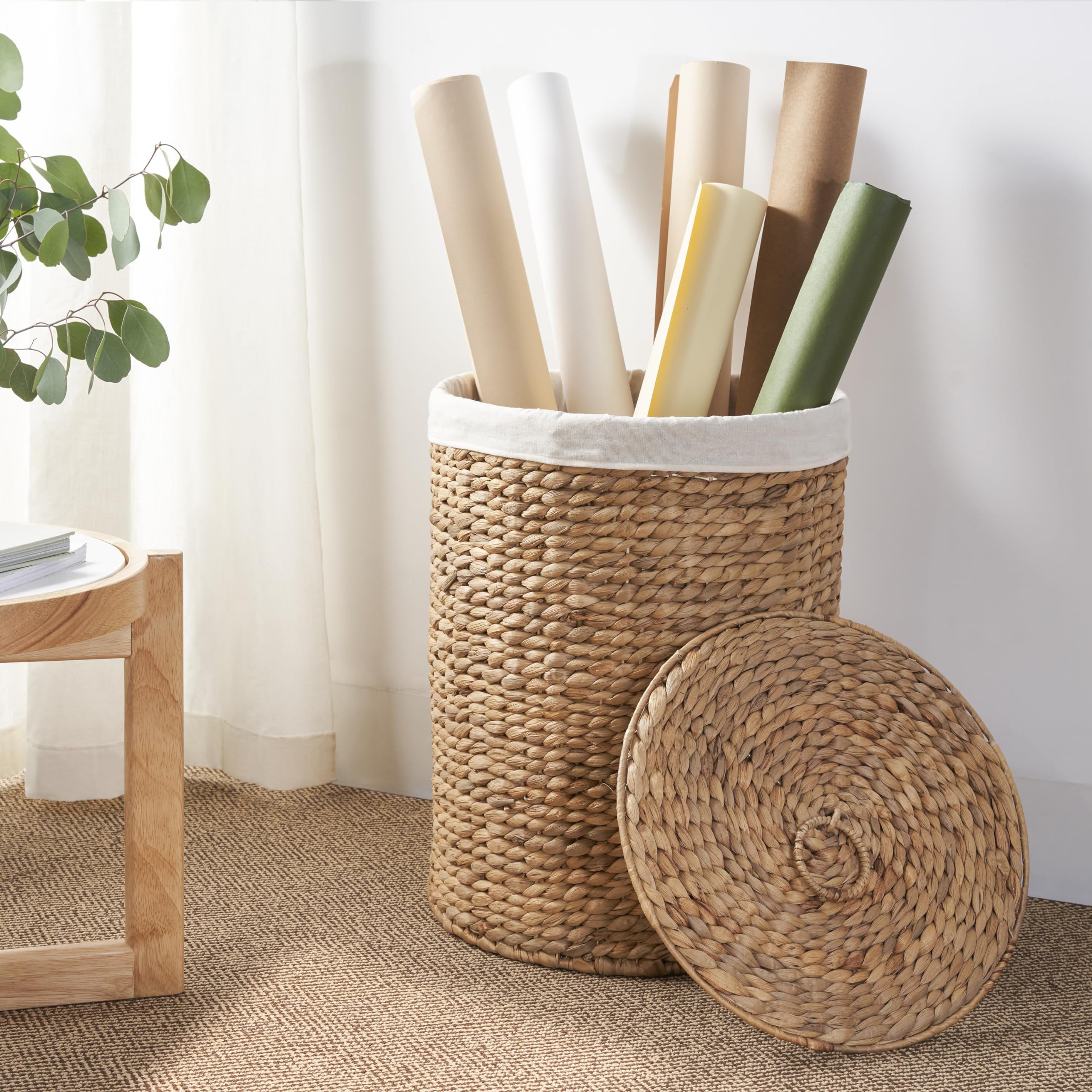 Round Woven Wicker Laundry Hamper with Lid - Large Water Hyacinth Storage Wicker (Natural Brown, 15"L x 15"L x 20"H)