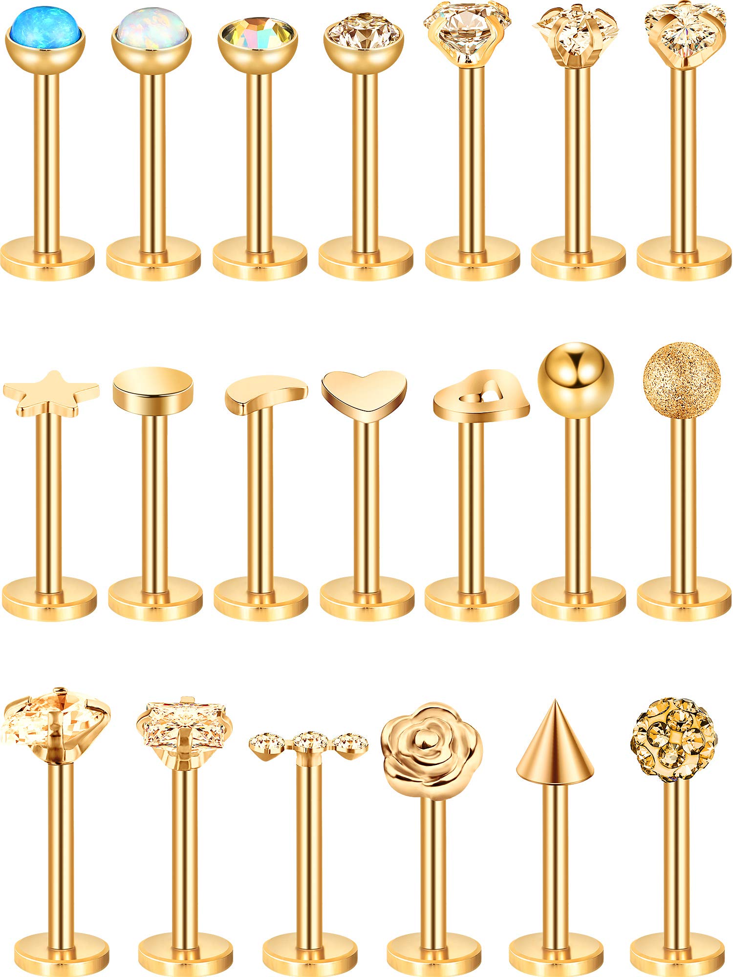 Blulu 20 Pcs 16g Stainless Steel Nose Studs Straight Nose Rings Body Piercing Jewelry 20 Styles for Women Men