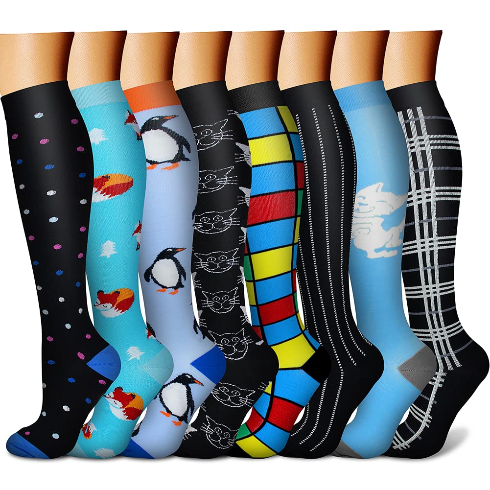 CHARMKING Compression Socks for Women & Men (8 Pairs) 15-20 mmHg Graduated Copper Support Socks are Best for Pregnant, Nurses - Boost Performance, Circulation, Knee High & Wide Calf (L/XL, Multi 40)
