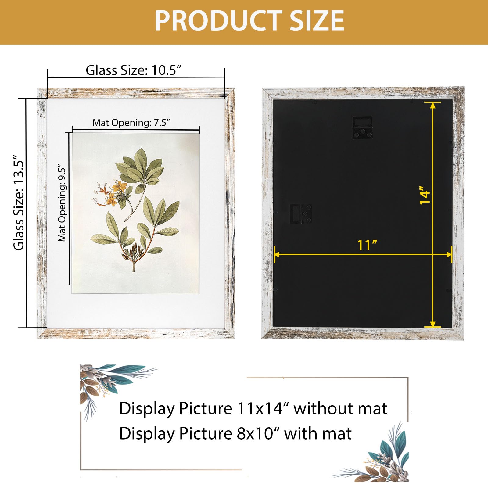 Califortree Rustic White 11x14 Picture Frame - Can Display Photo 8x10 with Mat, Engineered Wood Frame with Shatterproof Plexiglass, Horizontal and Vertical Display for Wall, Set of 2