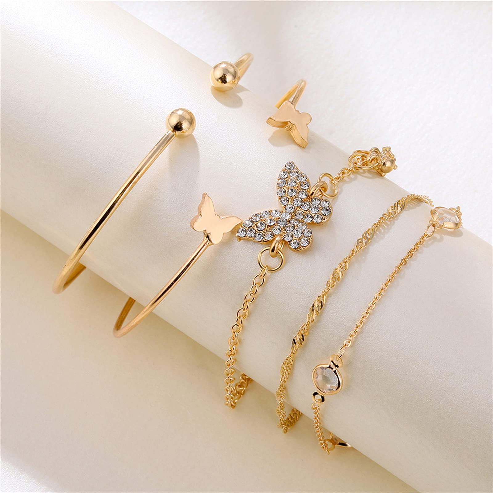 Caiyao Layered Stacking Link Chain Butterfly Bracelet Bangle Set Bohemian Paperclip Rhinestone Bead for Women 14K Gold Plated Animal Jewelry-D butterfly-2